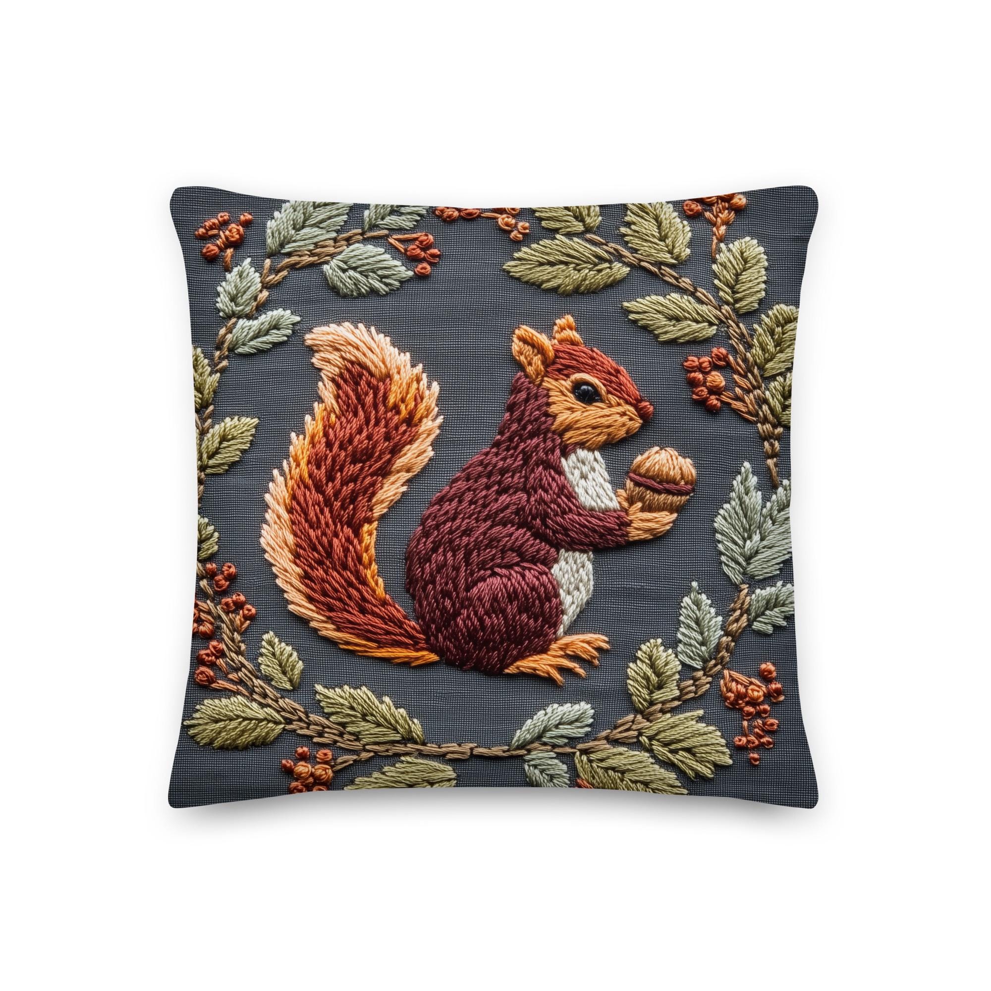 Woodland Squirrel Pillow With Embroidered Effect Leaf Wreath, Fall ...