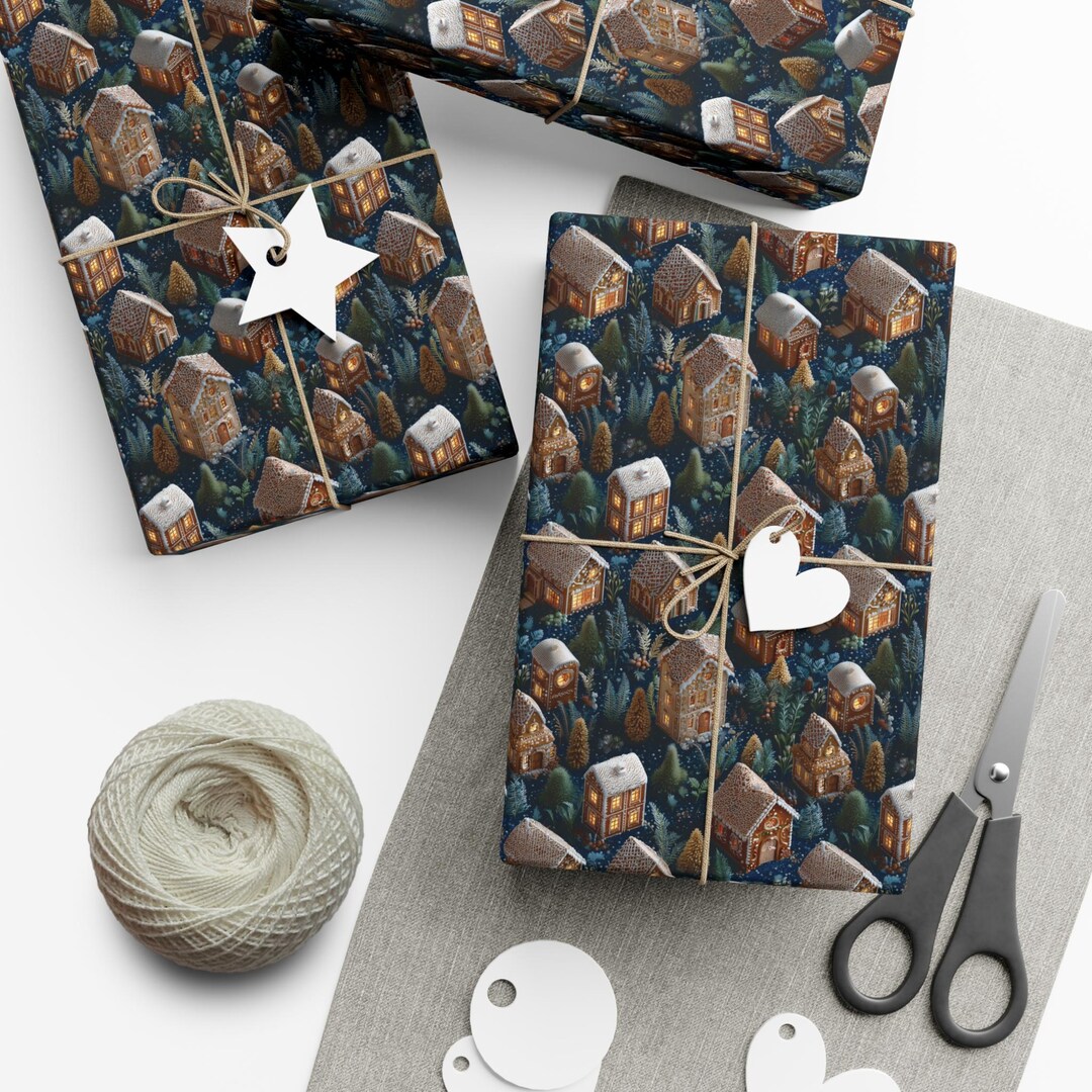 Snowy Gingerbread Village Wrapping Paper, Winter Wonderland Gift Wrap ...