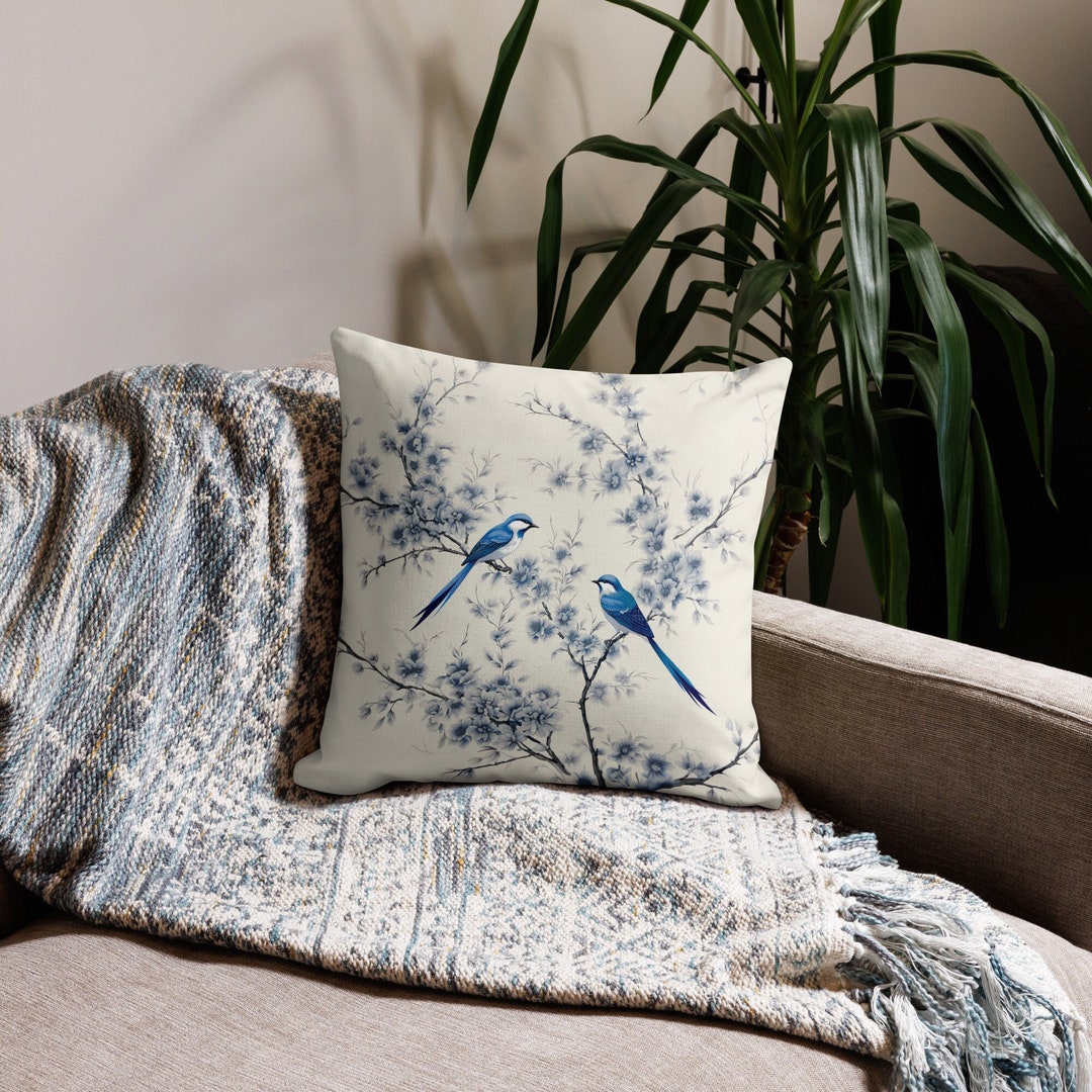 French Blue Birds Chinoiserie Throw Pillow Cover With Insert, Sofa ...