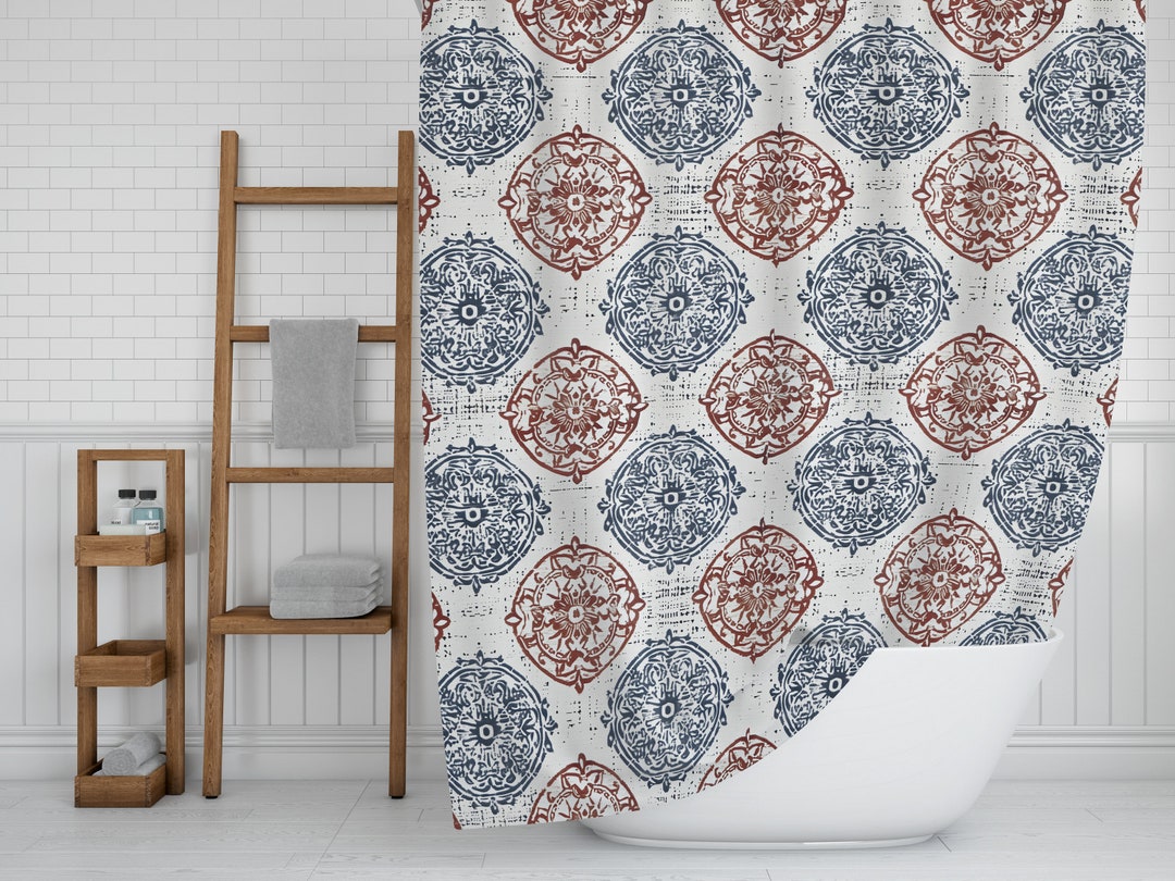 Classic Medallion Motif Shower Curtains, Block Print Style Bathroom ...