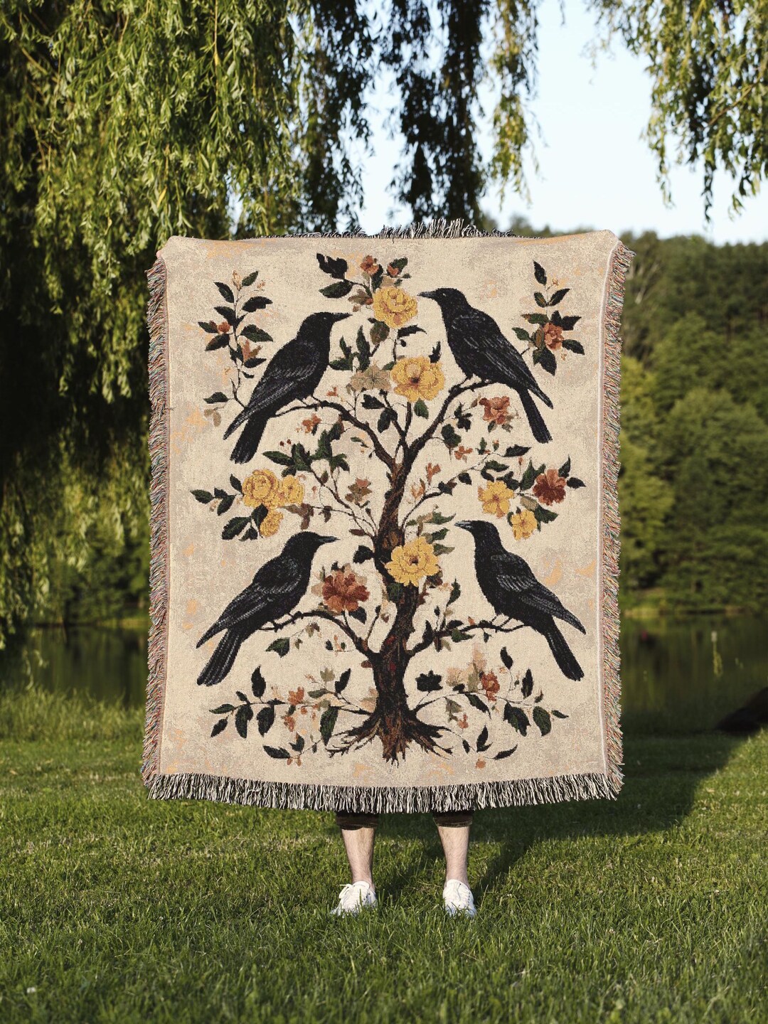 Crow and Floral Tree Woven Blanket | Vintage Folk Art Throw, Nature ...