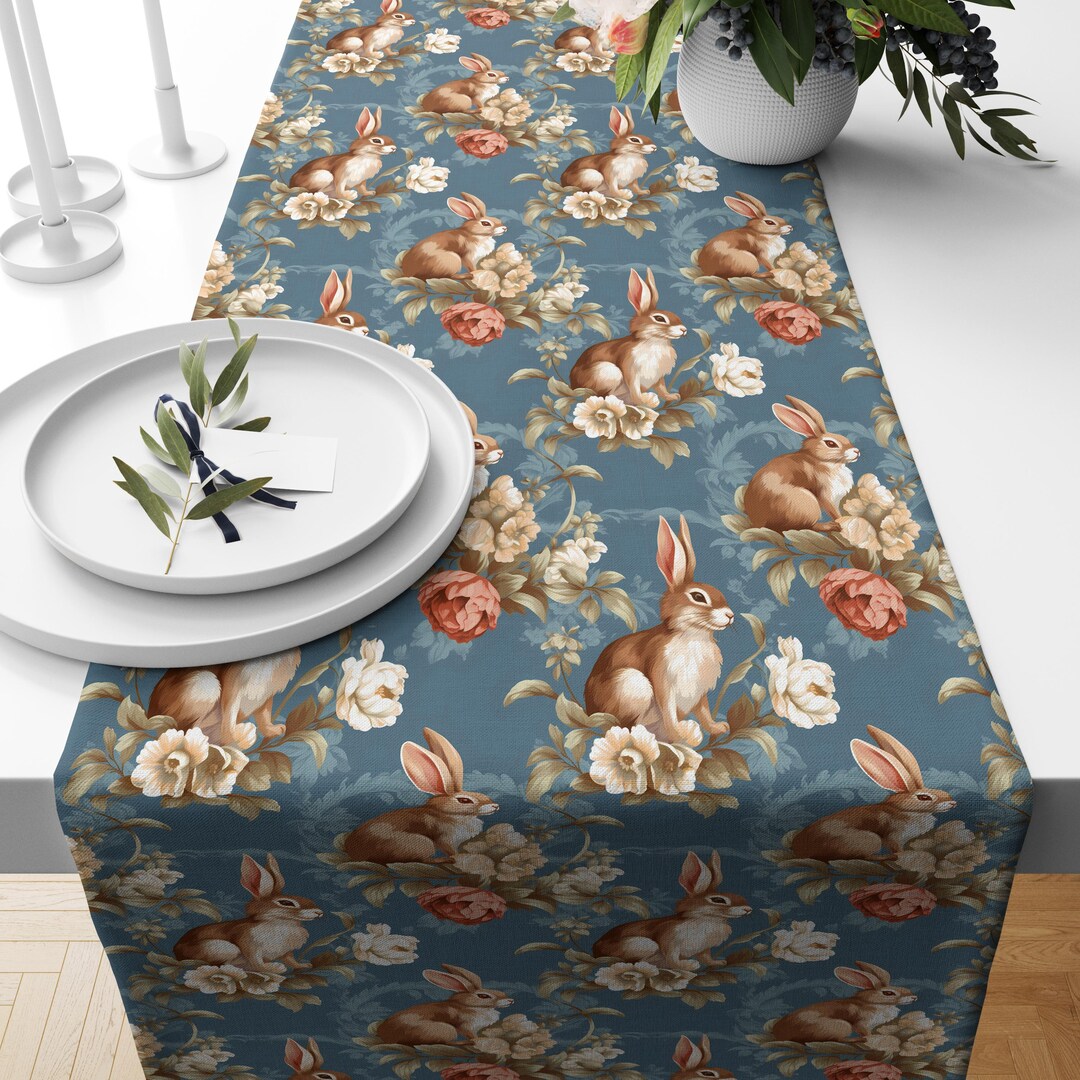 Charming Rococo-style Table Runner W/ Soft Brown Rabbits, Blue Vintage ...