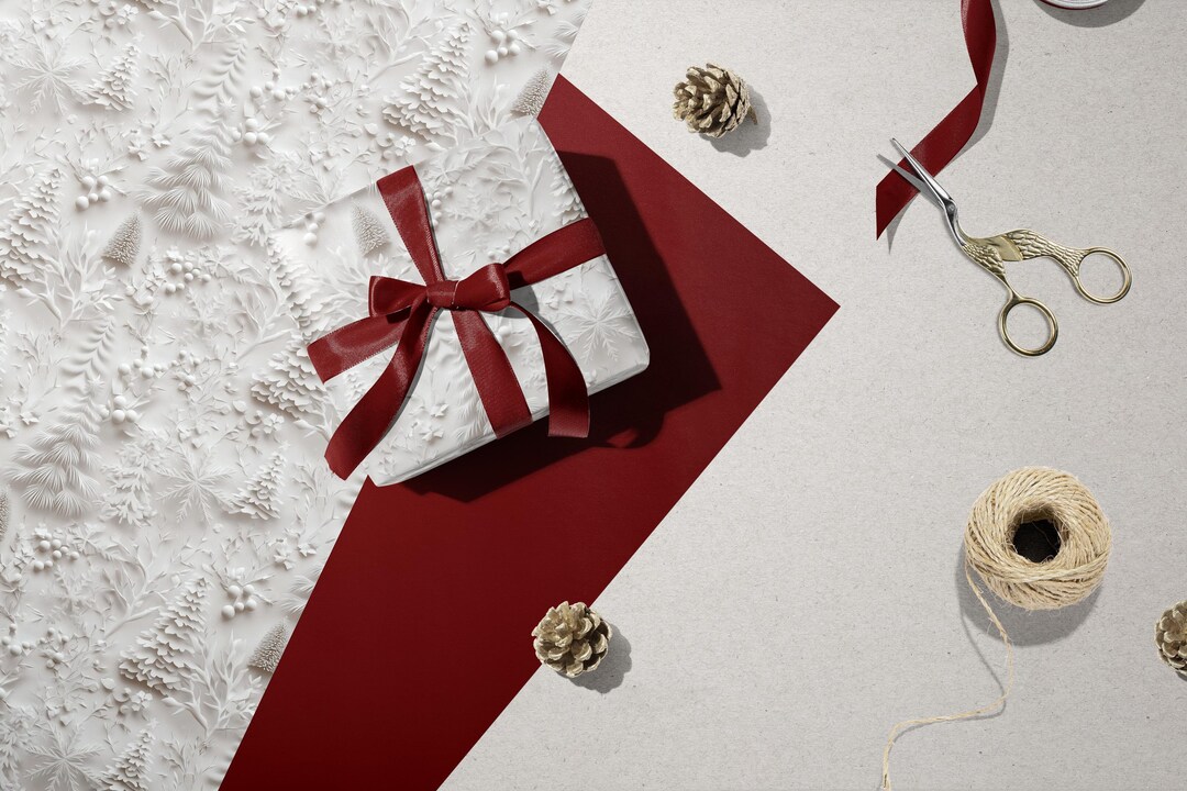 Elegant White Christmas Wrapping Paper, Faux 3D Trees and Foliage ...