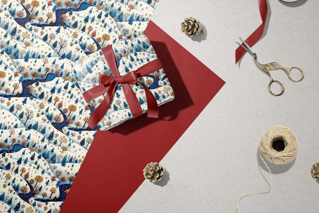 Winter Landscape Christmas Wrapping Paper – Blue, Gold & White Snowy ...