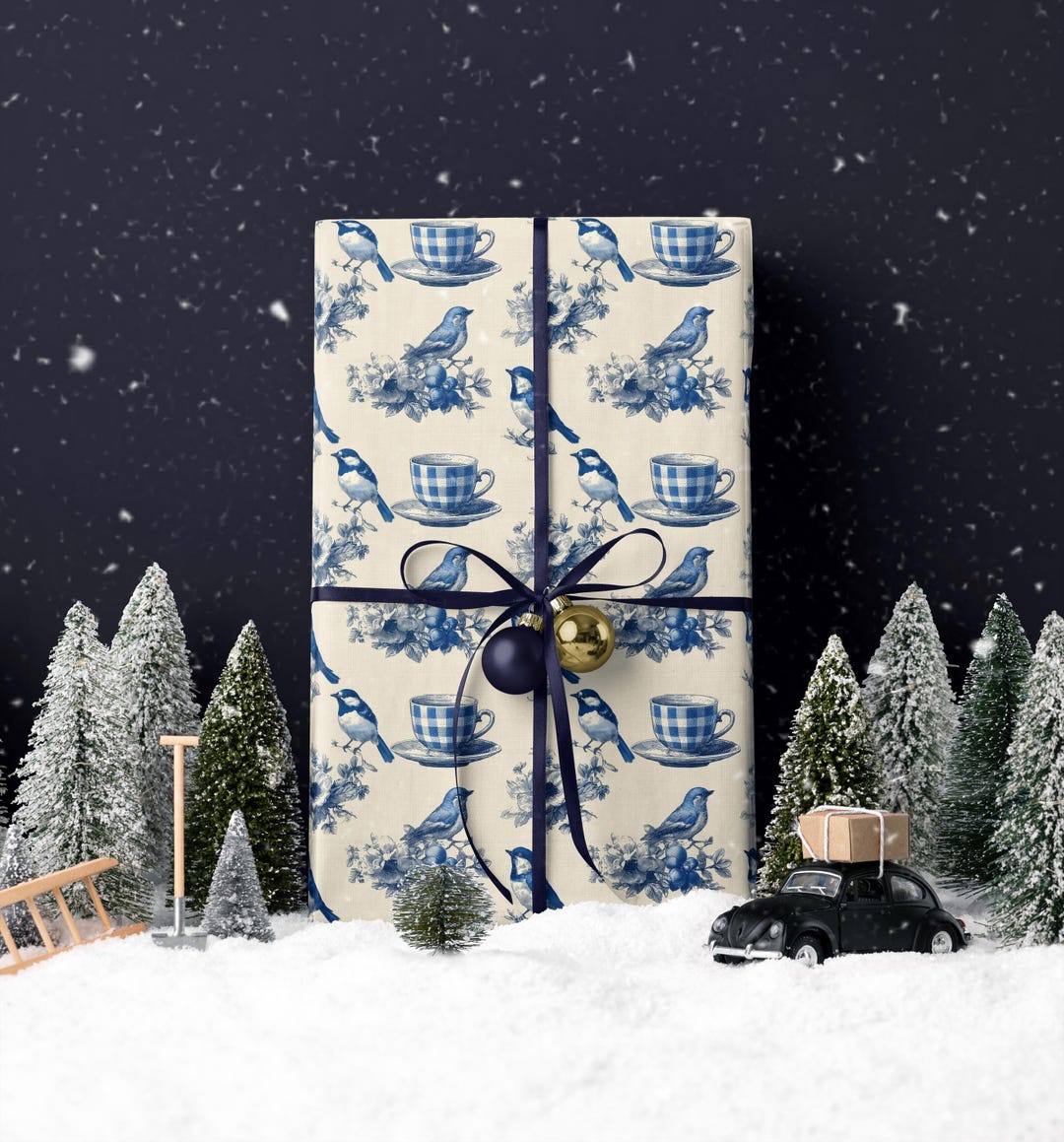 Vintage Blue Bird Gift Wrap With Gingham Teacups and Florals, French ...