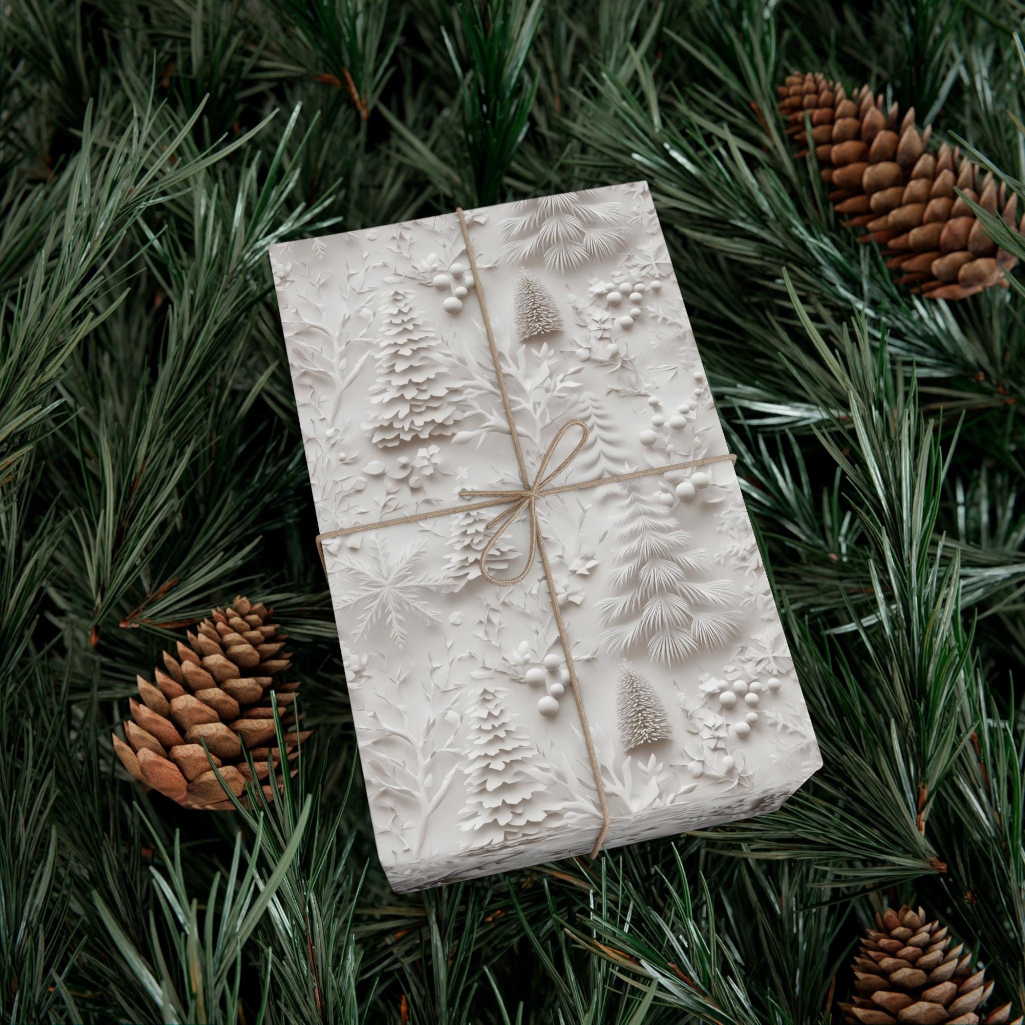 Elegant White Christmas Wrapping Paper, Faux 3D Trees and Foliage ...