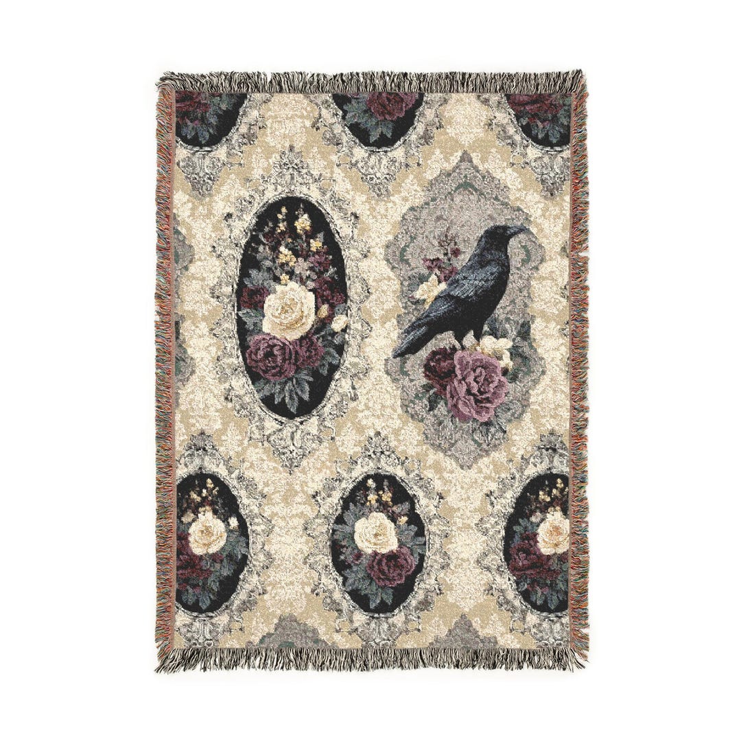 Gothic Raven Woven Throw Blanket, Dark Academia Damask Tapestry With ...