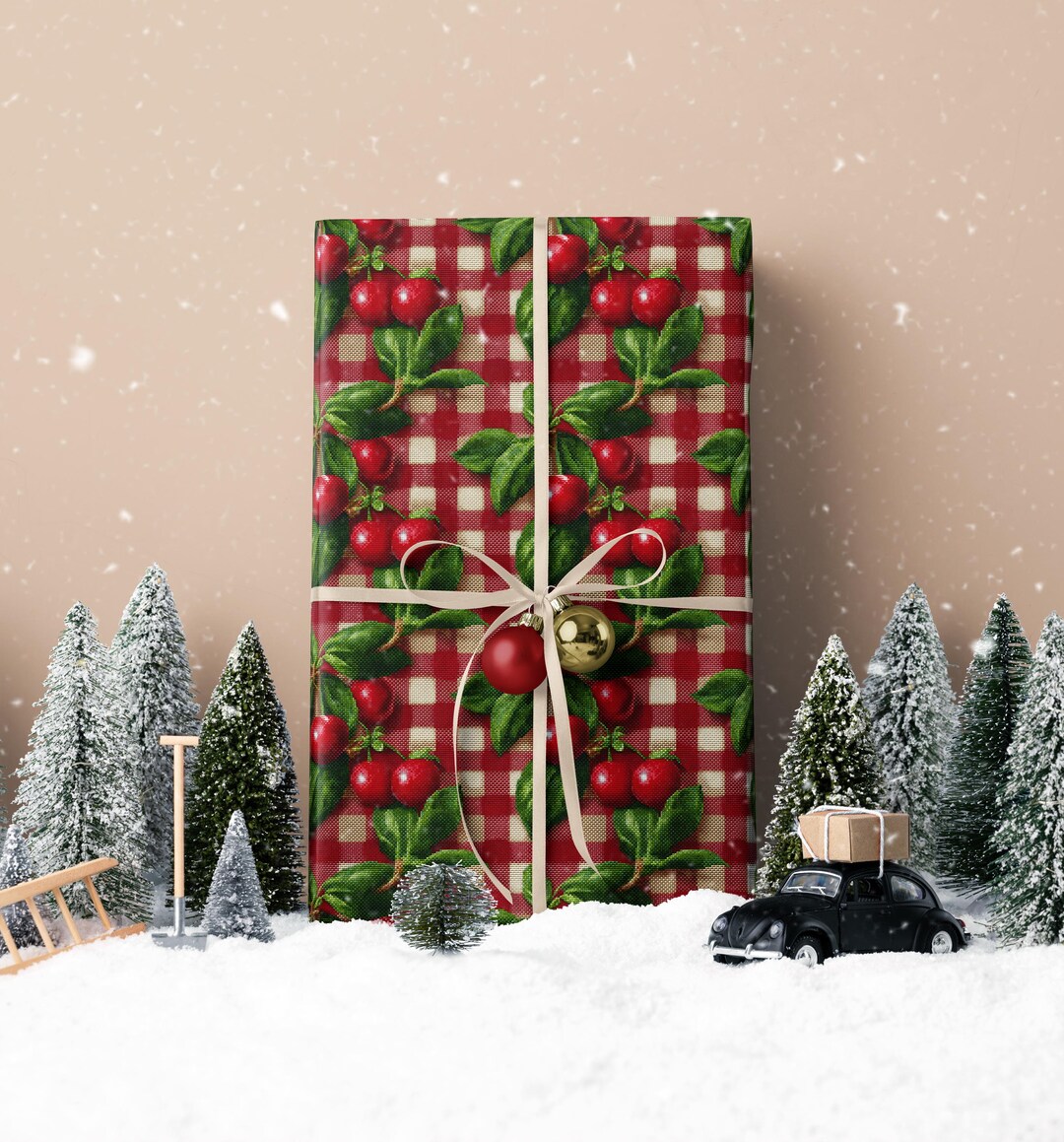 Cherry Holiday Wrapping Paper, Red Gingham Gift Wrap With Vintage Fruit ...