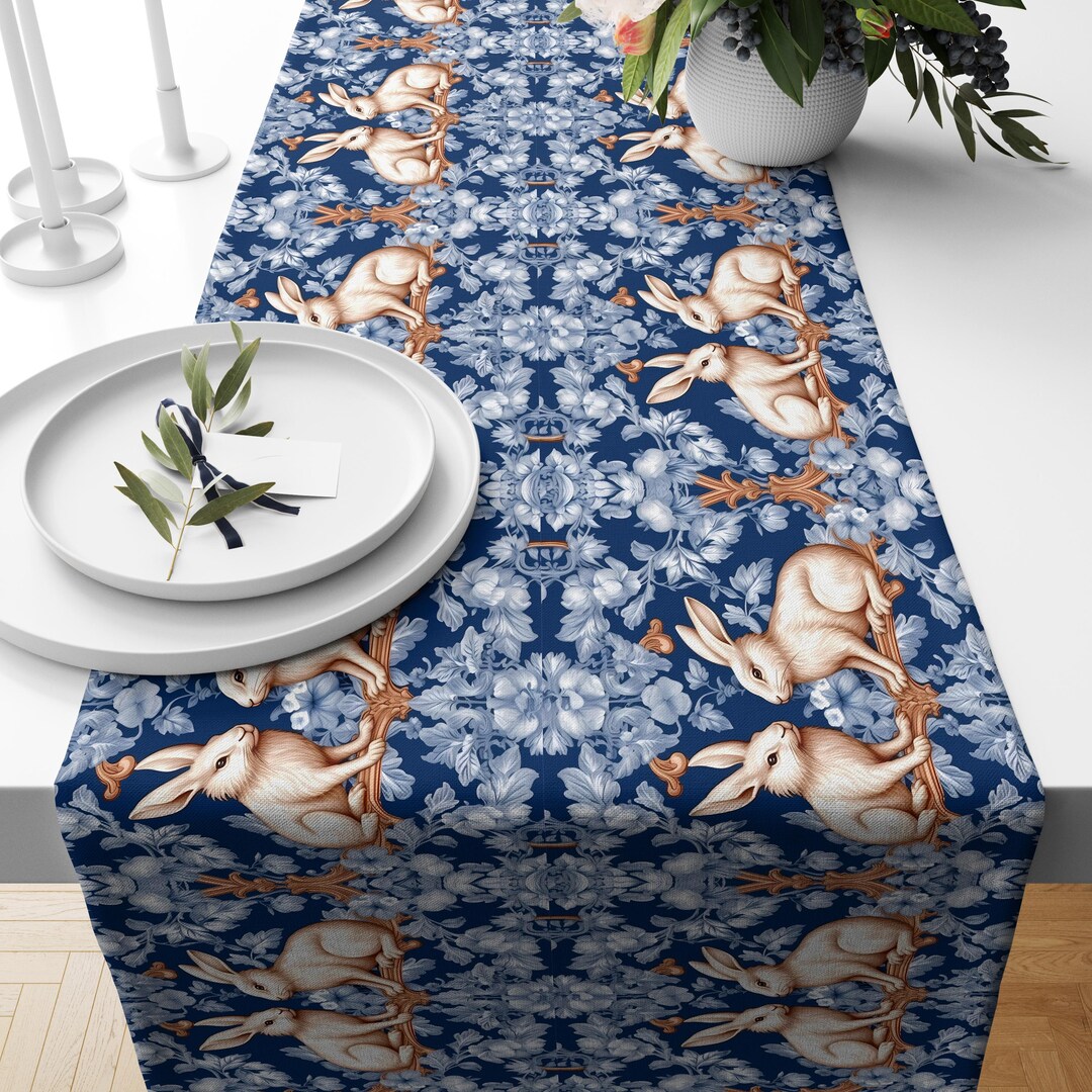 Rococo Rabbit Table Runner – Elegant Soft Brown Bunnies on Golden ...
