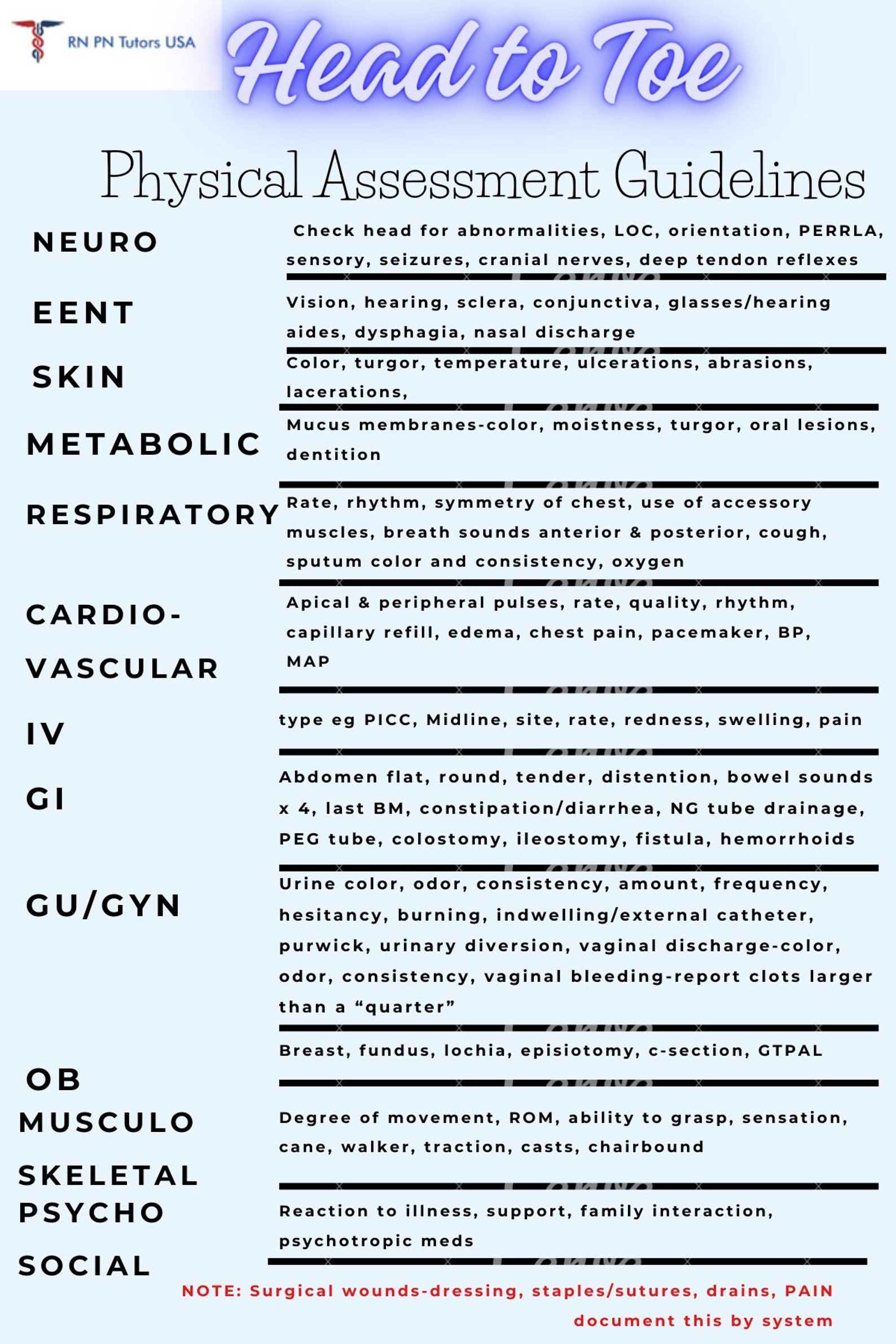Physical Assessment Card for Nursing Clinicals - Etsy