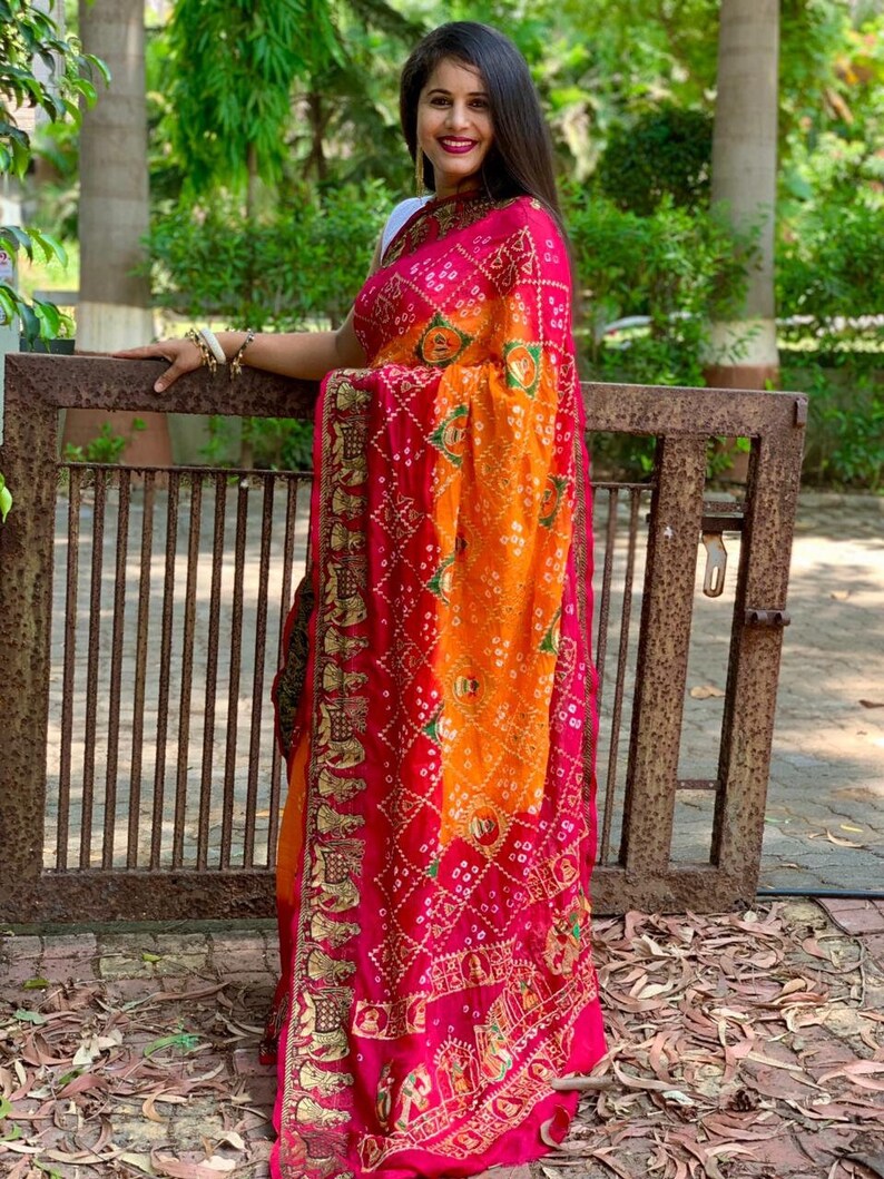 Women's Art Print Embroidery Work Bandhani Saree,buy Handcrafted ...