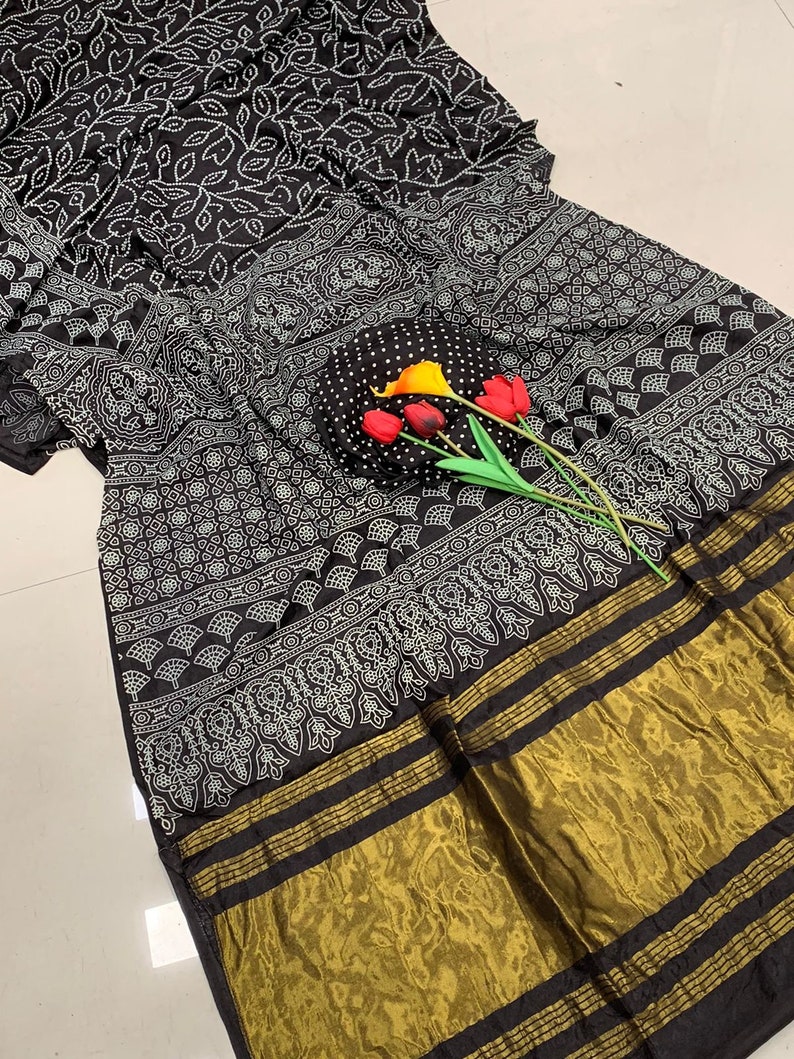 Women's Designer Soft Silk Block Print Bandhani Saree With Traditonal ...