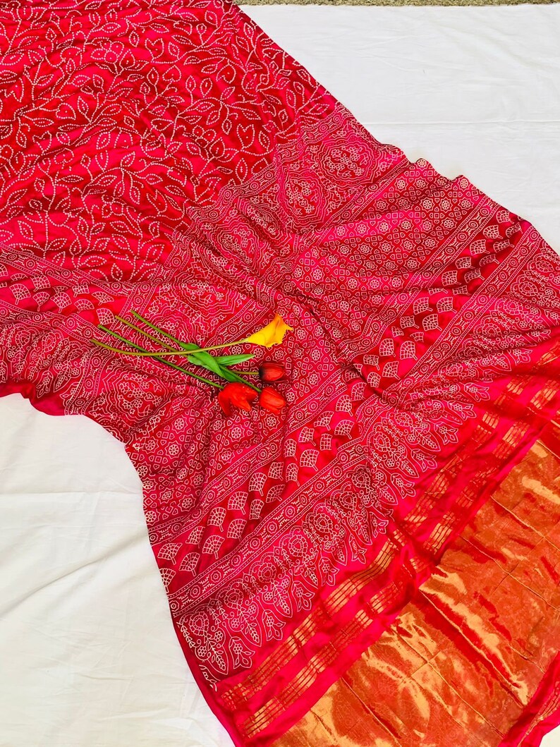 Women's Designer Soft Silk Block Print Bandhani Saree With Traditonal ...