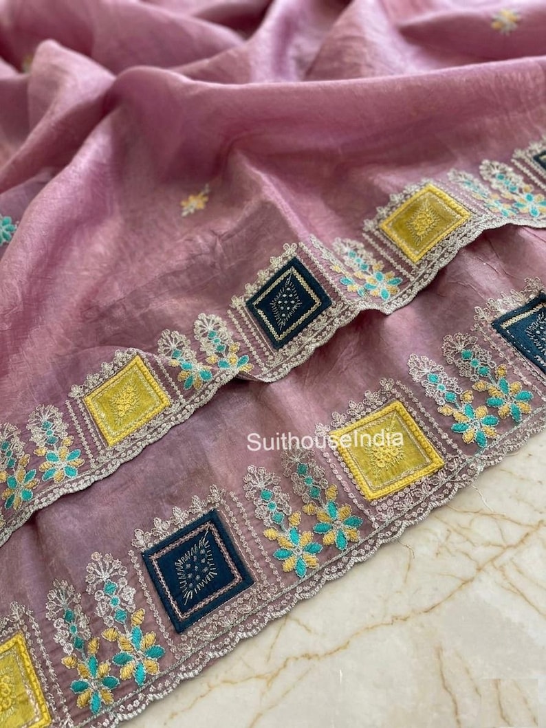 Pure Crush Silk Saree: Multi-color Embroidery, Cutwork Border, Wedding ...