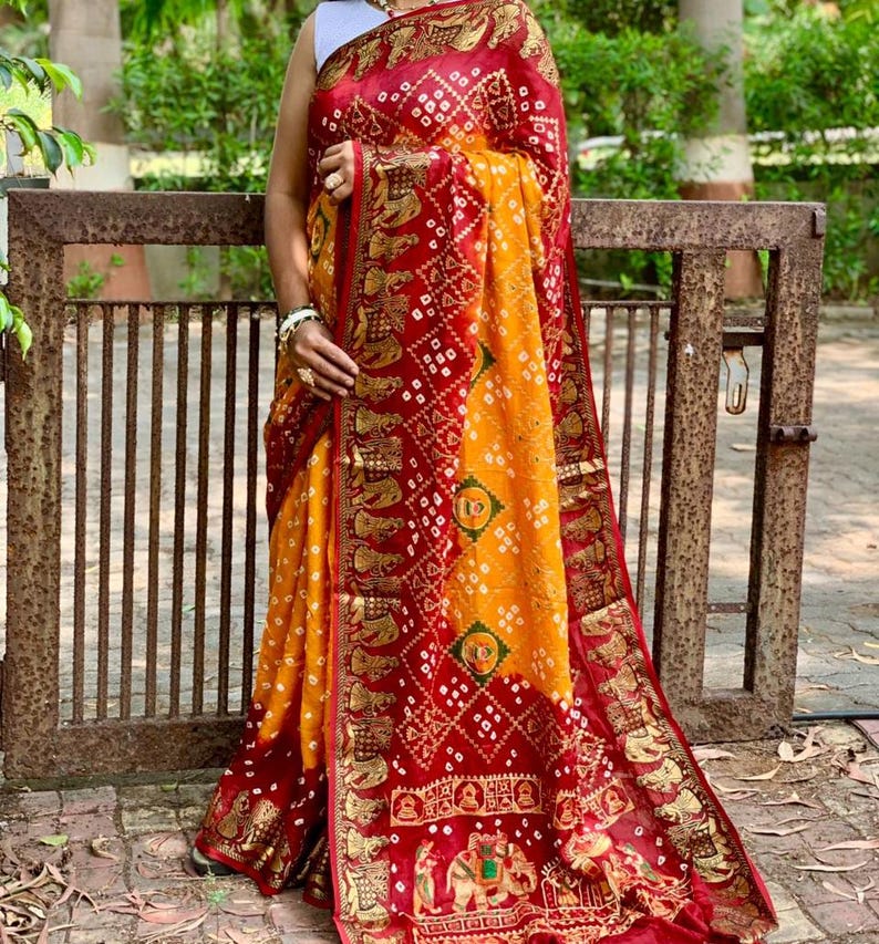 Gujarati Bandhani Saree: Indian Wedding Silk Gharchola With Zari - Etsy