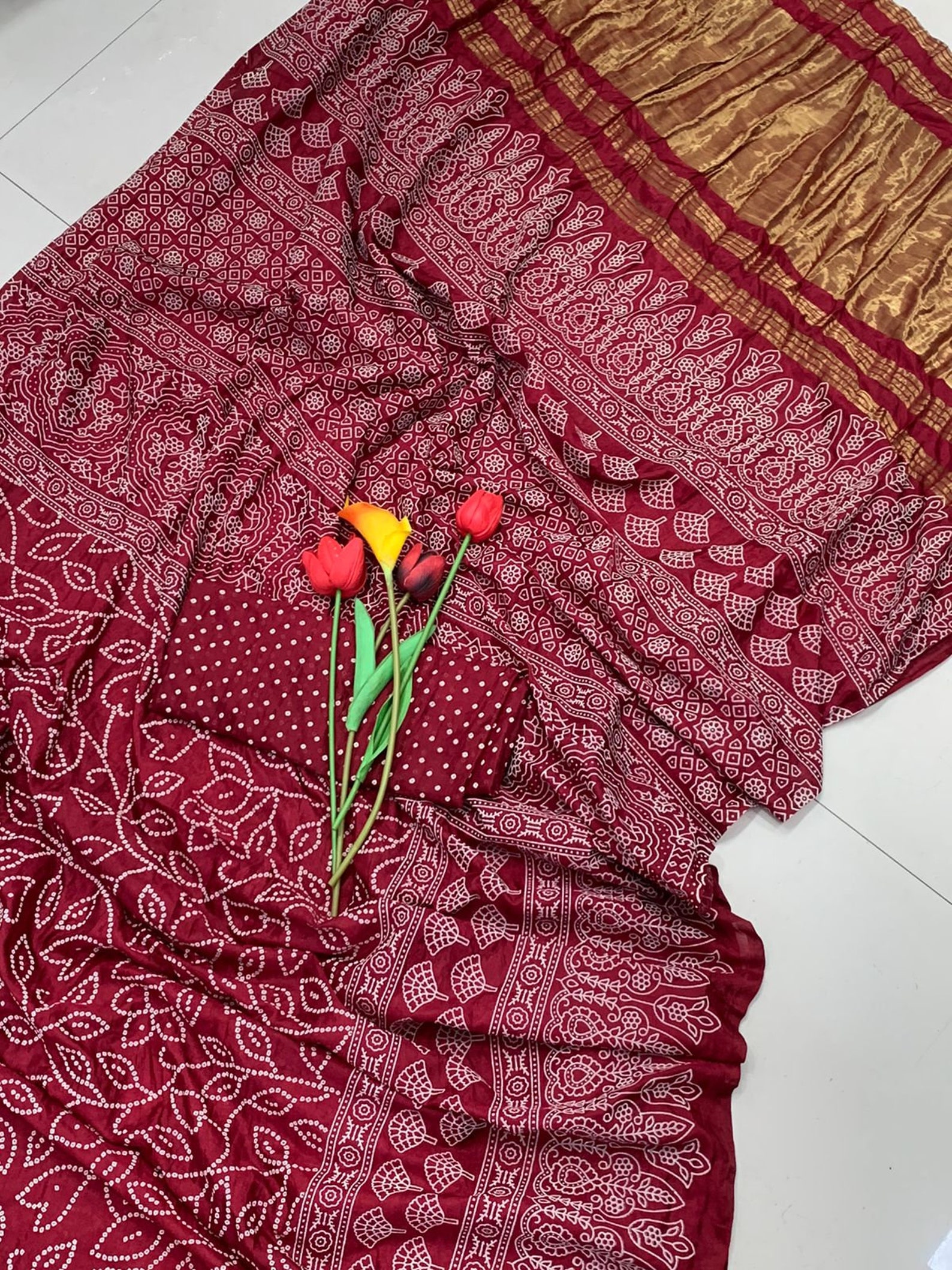 Women's Designer Soft Silk Block Print Bandhani Saree With Traditonal ...