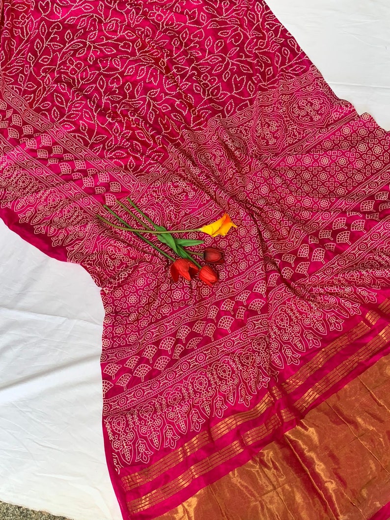 Women's Designer Soft Silk Block Print Bandhani Saree With Traditonal ...