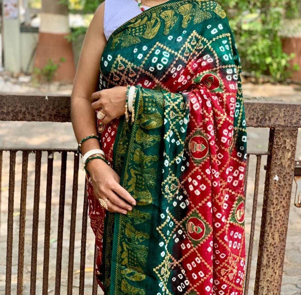 Gujarati Bandhani Saree: Indian Wedding Silk Gharchola With Zari - Etsy