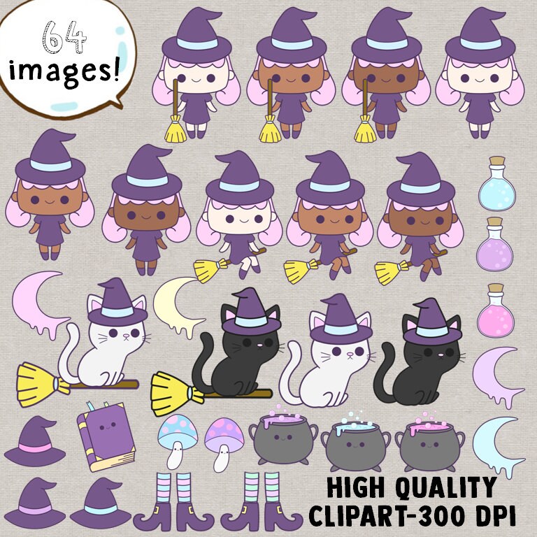 Chibi Pastel Witch Clipart, Pastel Goth Clipart, Kawaii Witches, Magic ...