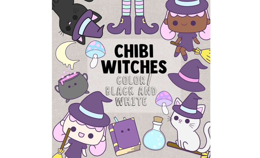 Chibi Pastel Witch Clipart, Pastel Goth Clipart, Kawaii Witches, Magic ...