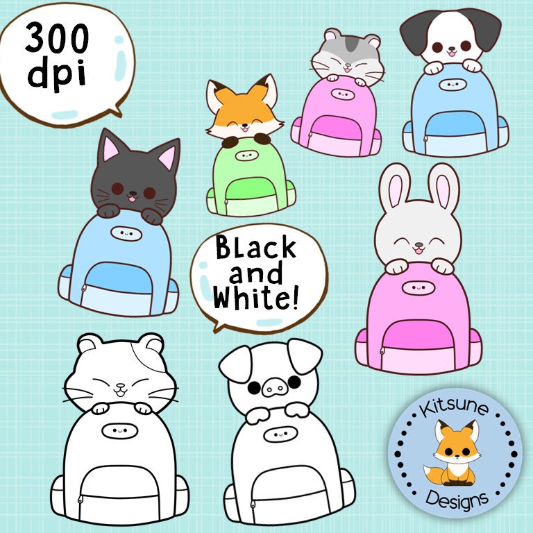 Chibi Animals in Backpacks Clipart, Back to School, Kawaii School Clip ...