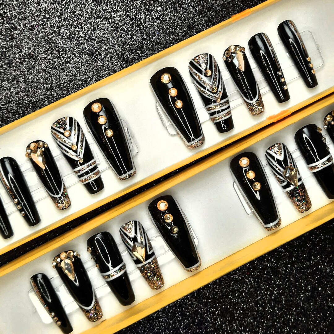 Elegant Black and Gold Press on Nails- Long Coffin Press on (set of 20 ...