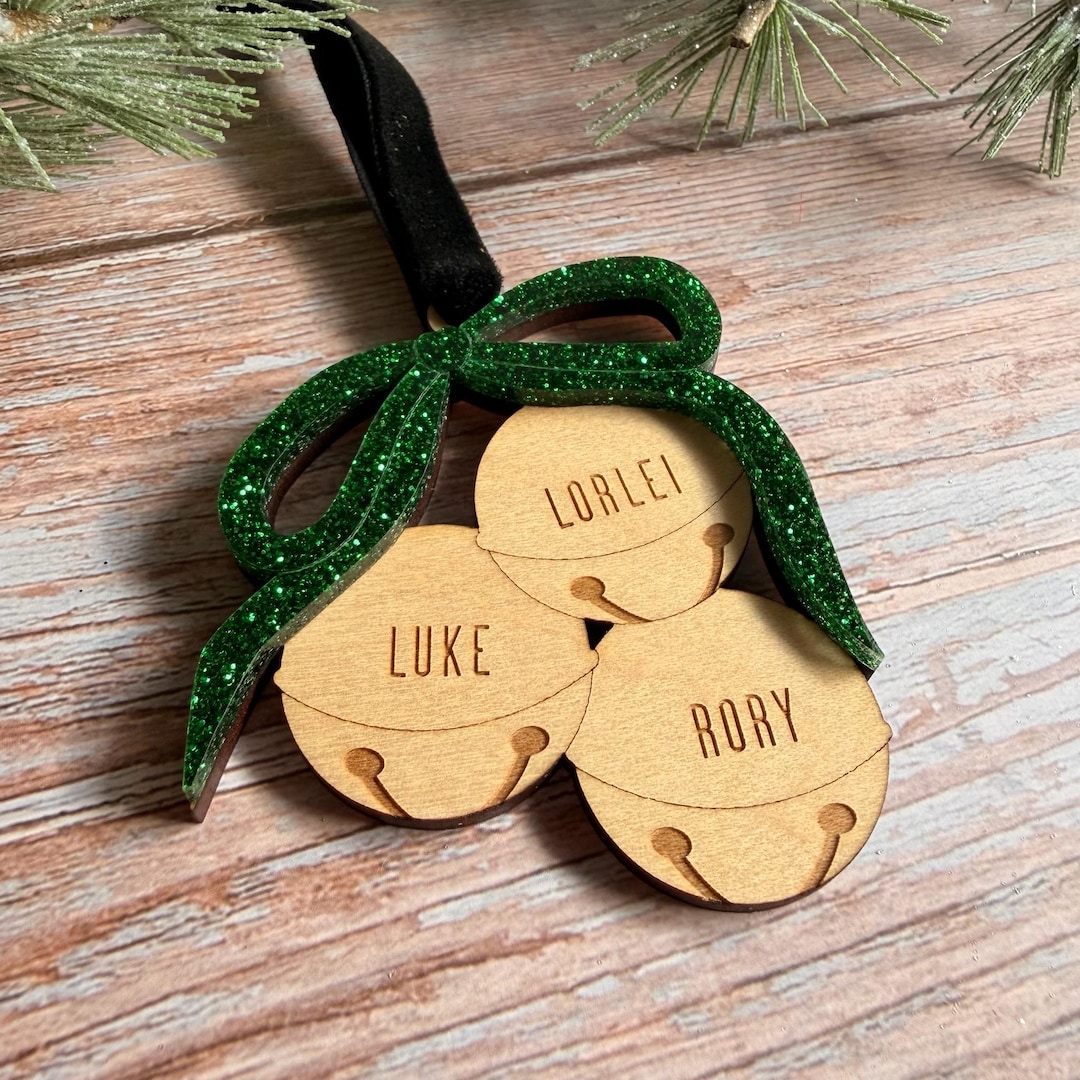 Family Jingle Bell Ornament — Custom Engraved Maple | Velvet Ribbon ...