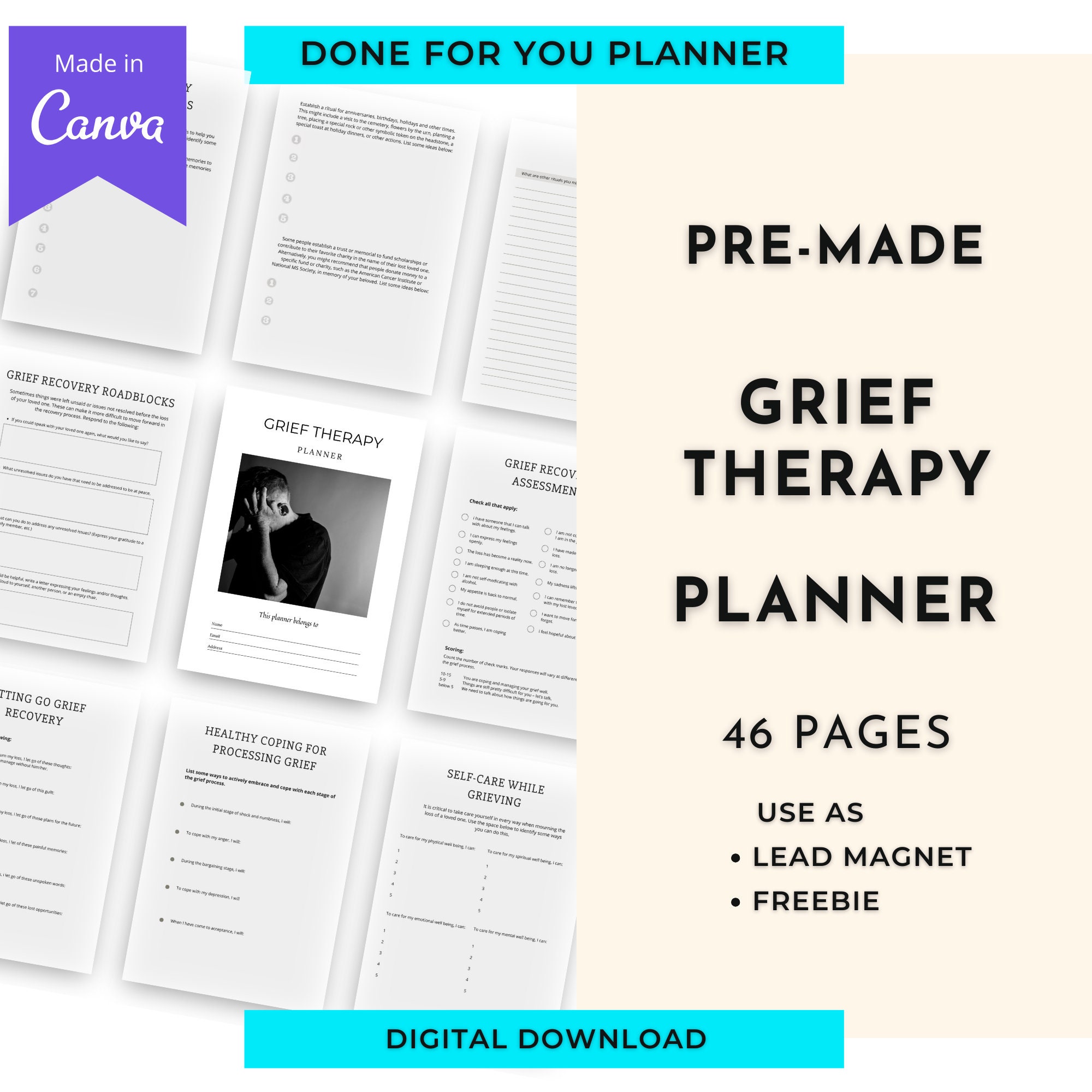 Grief Therapy Planner | Done for You Planner Canva Templates Digital ...