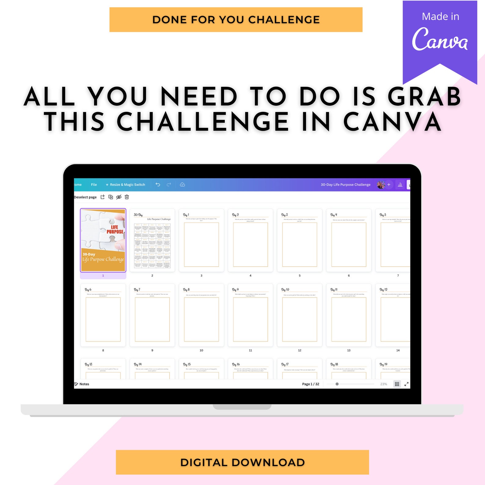 30-day Life Purpose Challenge | Done for You Visual Task Quest Creativity Canva Challenges ...