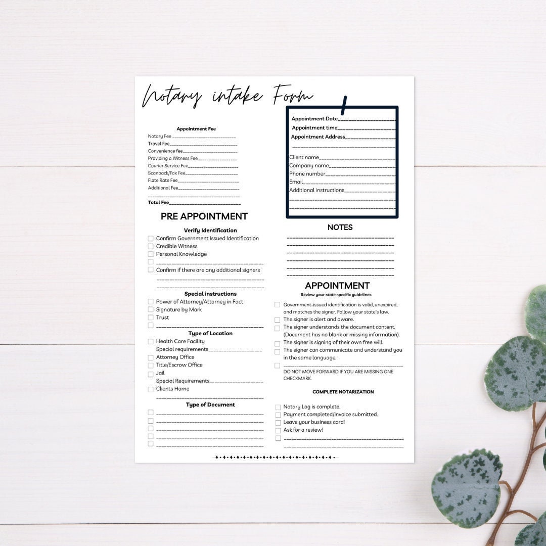 Notary Client Intake Form Notary Public Signing Agent - Etsy UK