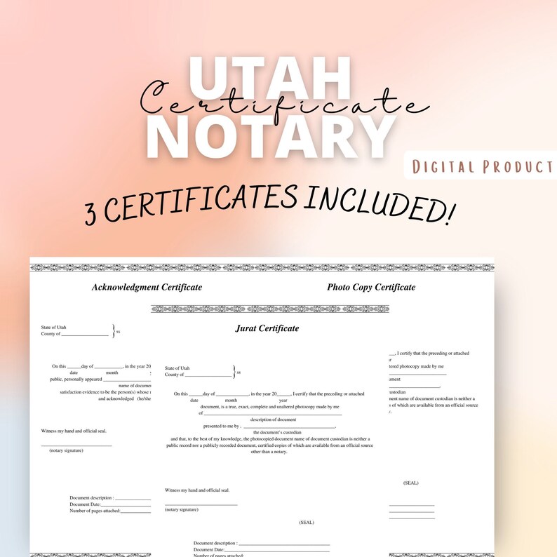 Utah Notary Certificates, Notary Public, Signing Agent, Notary Forms - Etsy