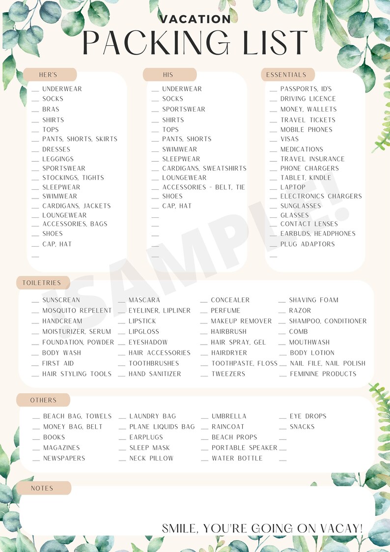 Elegant Vacation Packing List Printable, A4, Editable, Instant Download ...