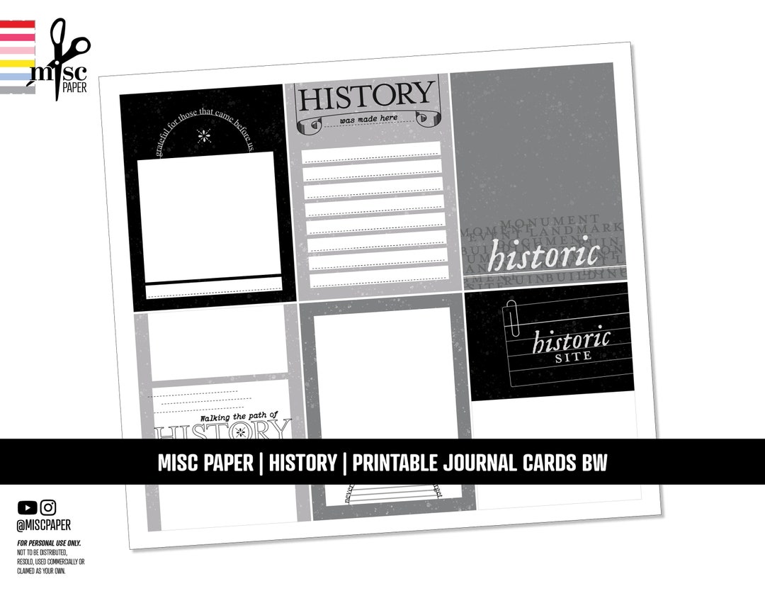 PRINTABLE History Travel Scrapbook | Journal Cards | Black & White - Etsy