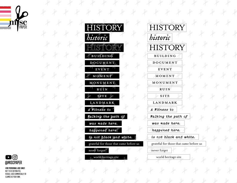 PRINTABLE History Travel Scrapbook | Word Strips Black & White - Etsy