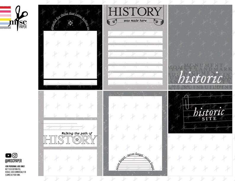 PRINTABLE History Travel Scrapbook | Journal Cards | Black & White - Etsy