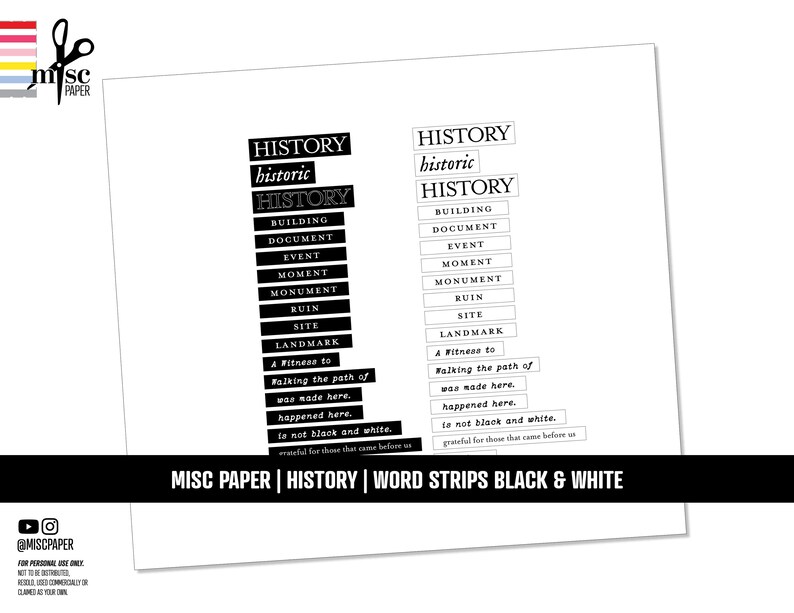PRINTABLE History Travel Scrapbook | Word Strips Black & White - Etsy