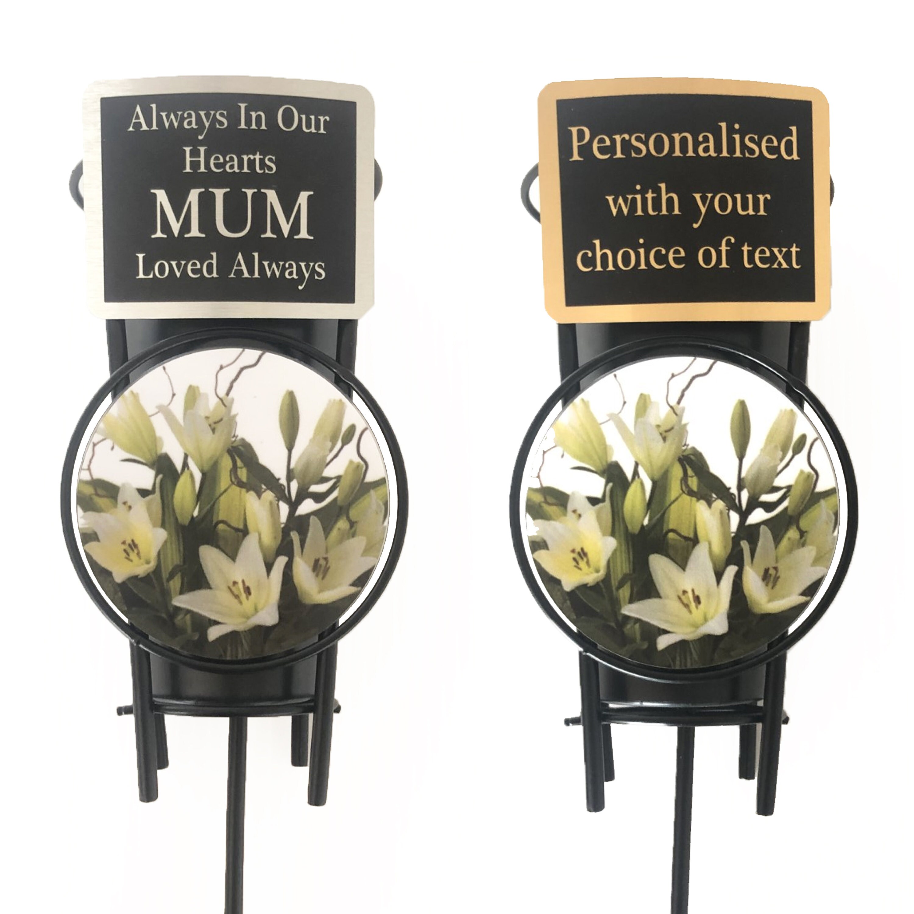 Personalised Metal Spike Memorial Flower Flute Vase Grave Tribute Pot ...