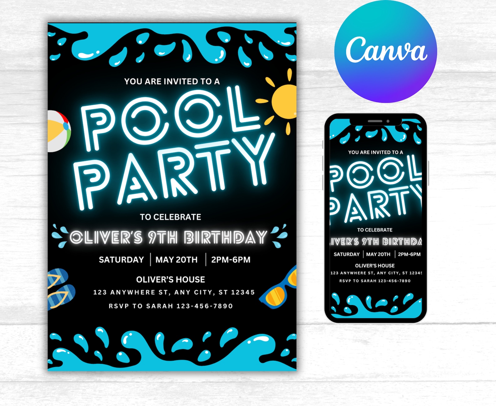 Editable Pool Party Invitation, Neon Glow Pool Birthday Invitation ...