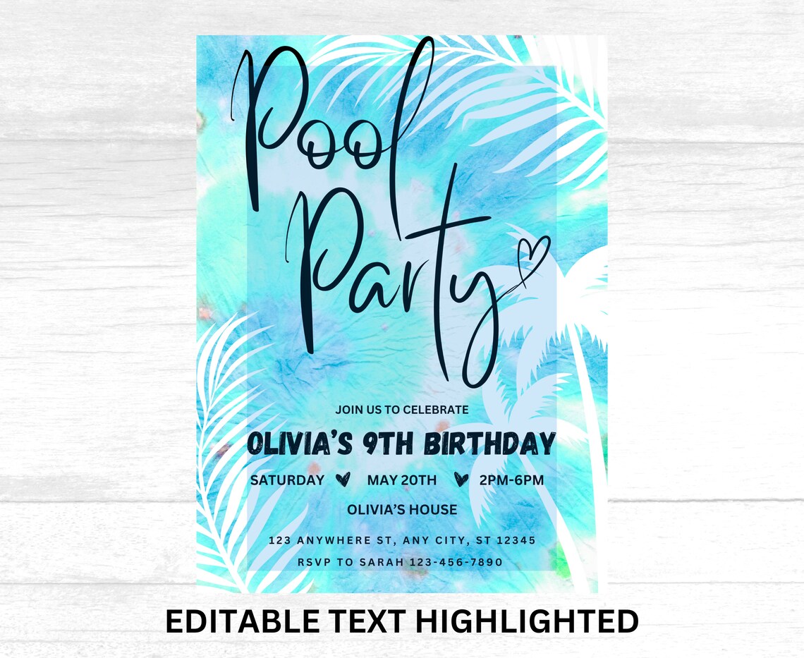 Editable Pool Party Invitation , Neon Glow Pool Birthday Invitation ...