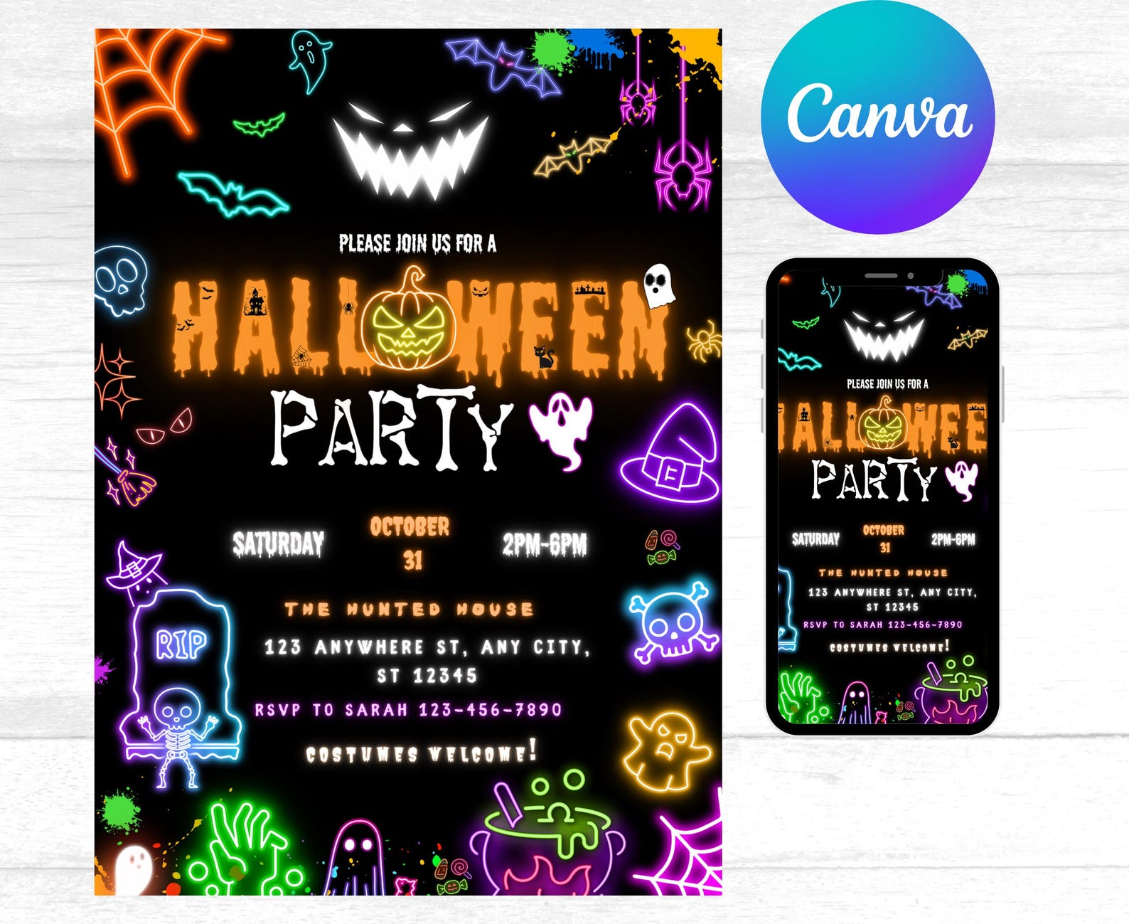 Editable Halloween Invitation Party, Halloween Party Invite, Glow ...