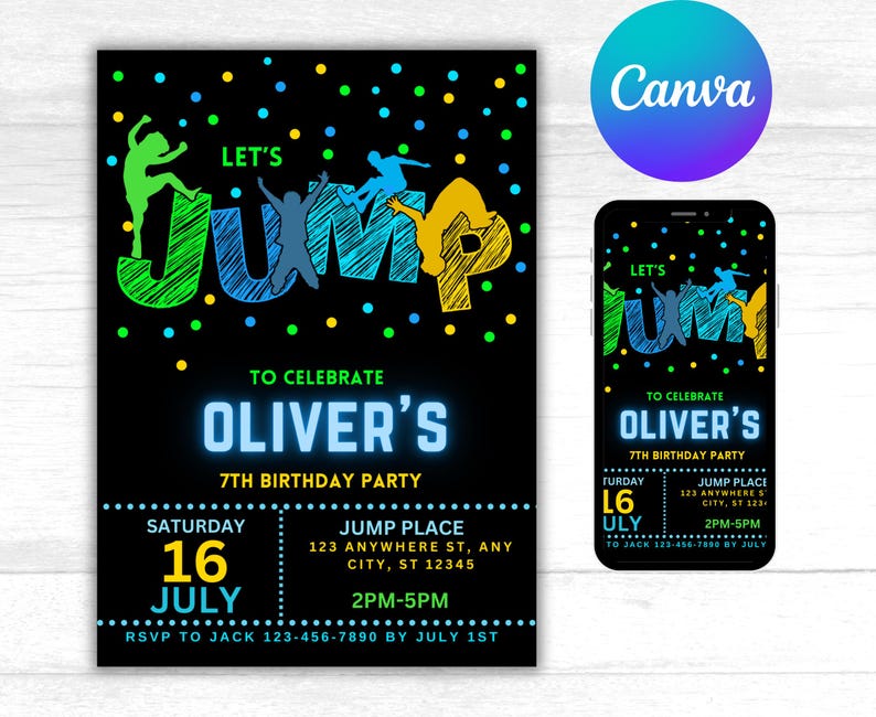 Boys Jump Party Birthday Invitation | Neon Glow Jump & Celebrate ...