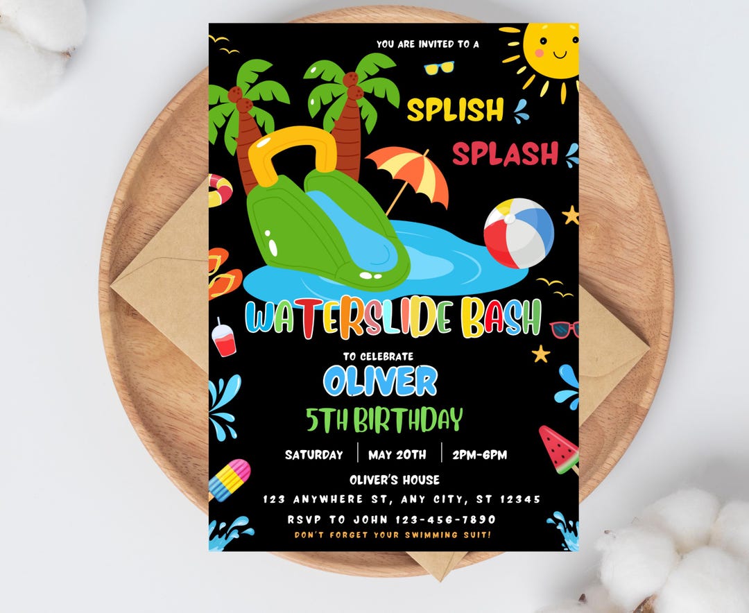 Editable Waterslide Birthday Invitation , Summer Pool Party , Splash ...