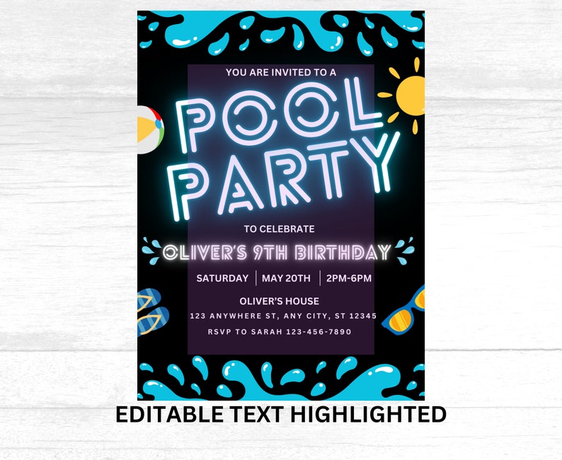Editable Pool Party Invitation, Neon Glow Pool Birthday Invitation ...