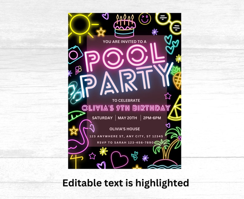 Neon Pool Party Invitation: Editable Tropical Birthday Invite (5x7 ...