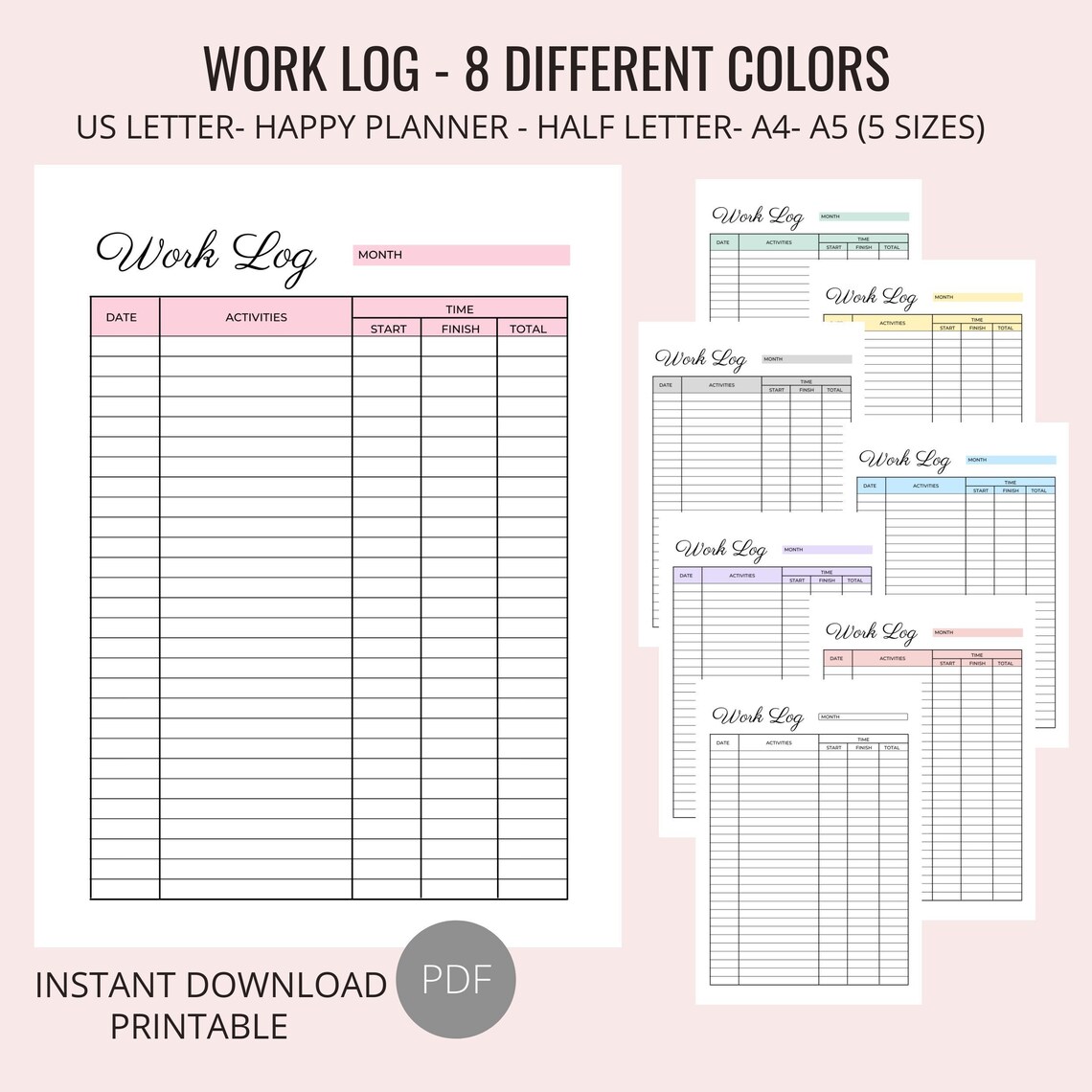 Work Log Printable, Time Log, Time Spent Tracker, Working Hours Log ...