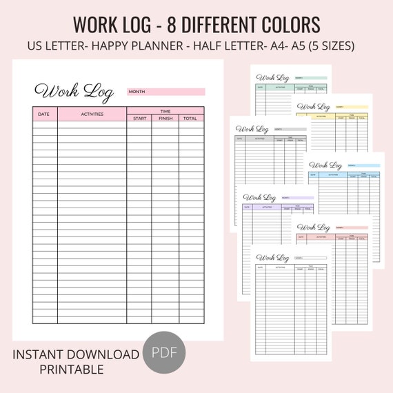 Work Log Printable Time Log Time Spent Tracker Working | Etsy