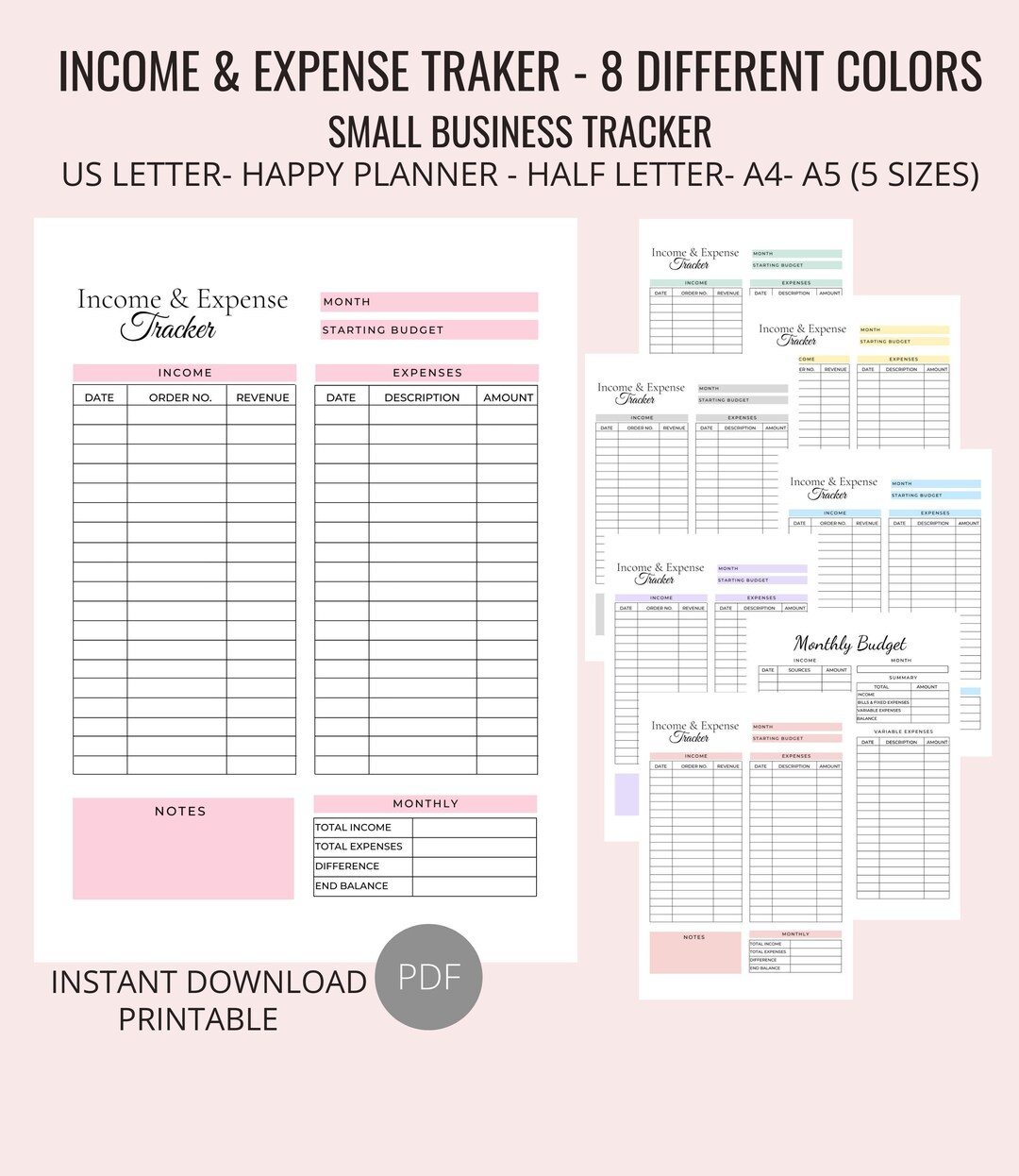 Income and Expense Tracker Printable, Minimal Financial Log, Small ...