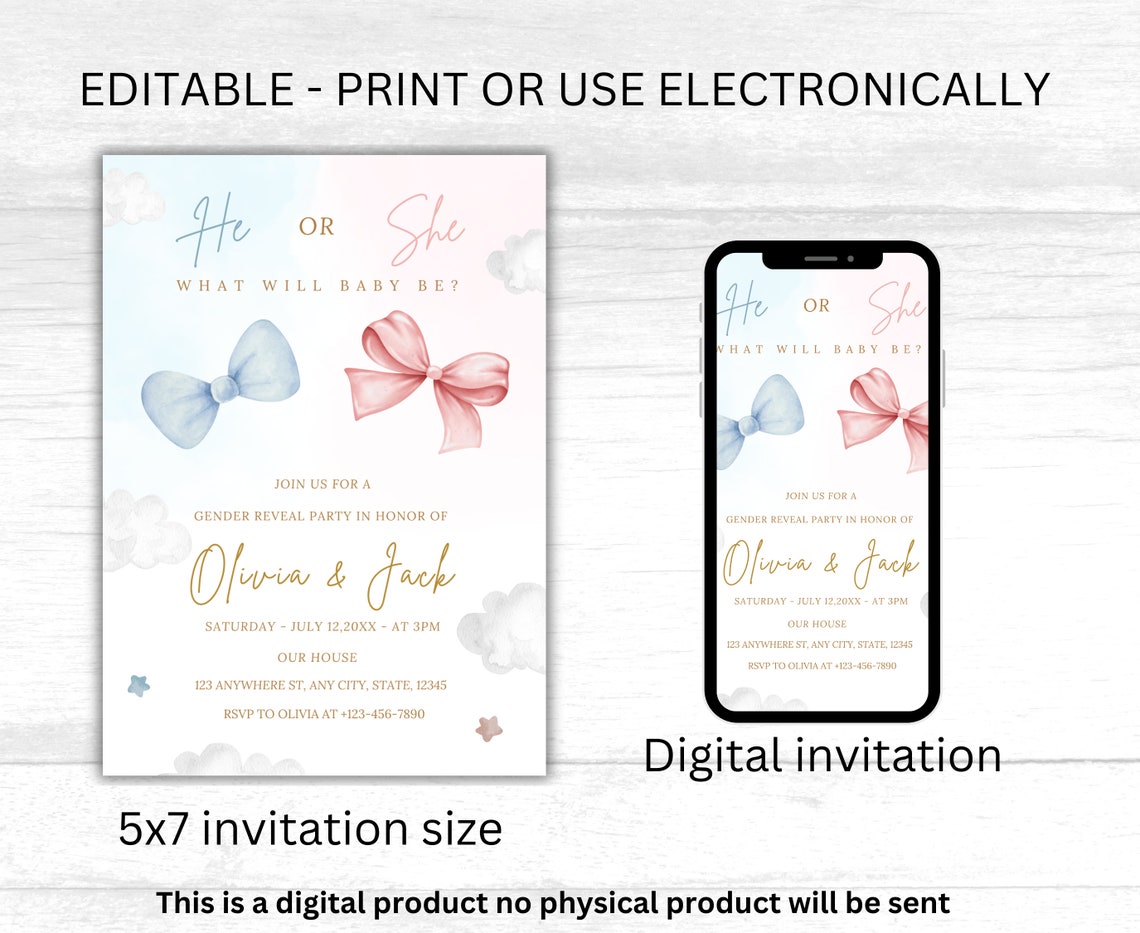 Gender Reveal Invitation, Bow or Tie Gender Reveal Invitation, EDITABLE ...