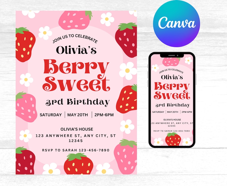 Berry Sweet Birthday Party Invitation, Editable Canva Template ...