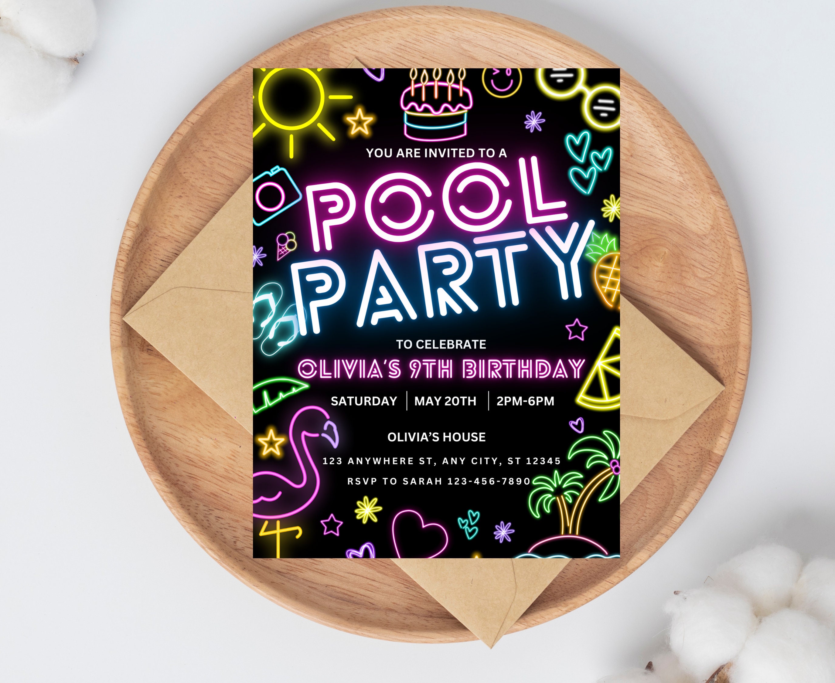 Neon Pool Party Invitation: Editable Tropical Birthday Invite (5x7 ...